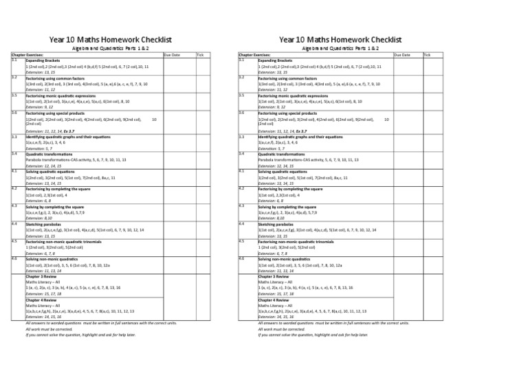 Year 10 Maths Homework Checklist Year 10 Maths Homework Checklist | PDF ...