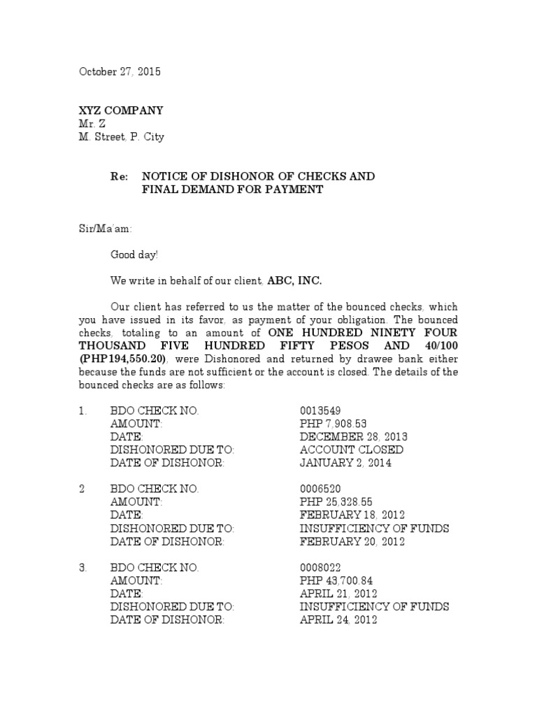 Notice of Dishonor Sample | PDF | Service Industries | Banking