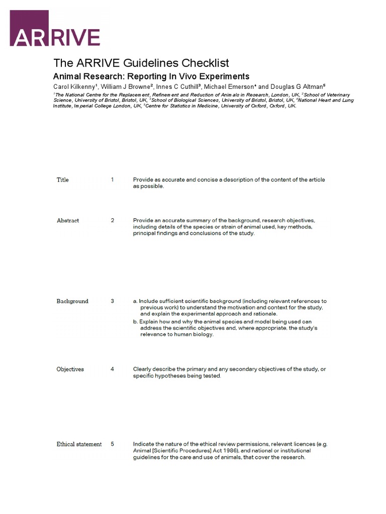 The ARRIVE Guidelines Checklist: Animal Research: Reporting in Vivo ...