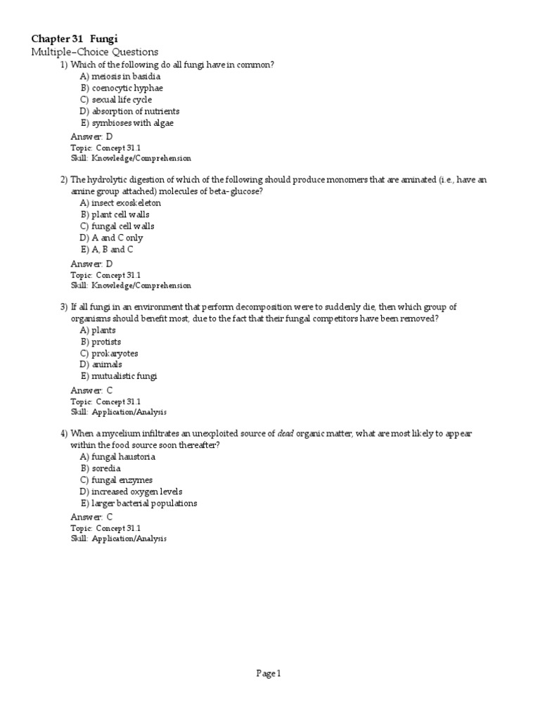 Multiple-Choice Questions: Chapter 31 Fungi | PDF | Fungus | Ploidy
