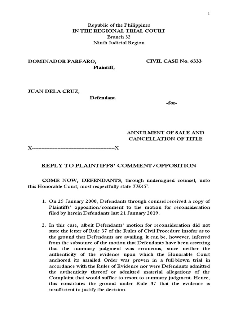 In The Regional Trial Court: Reply To Plaintiffs' Comment/Opposition ...