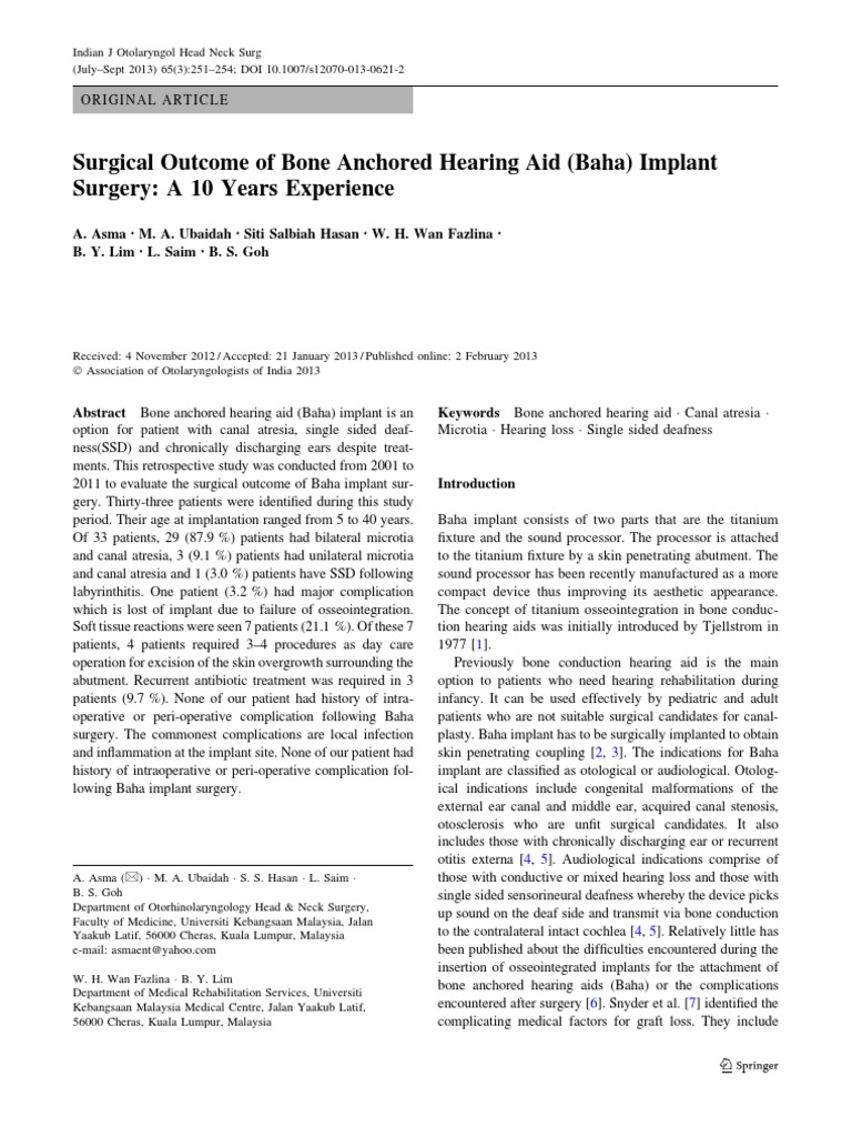 Surgical Outcome of Bone Anchored Hearing Aid (Baha) Implant Surgery ...