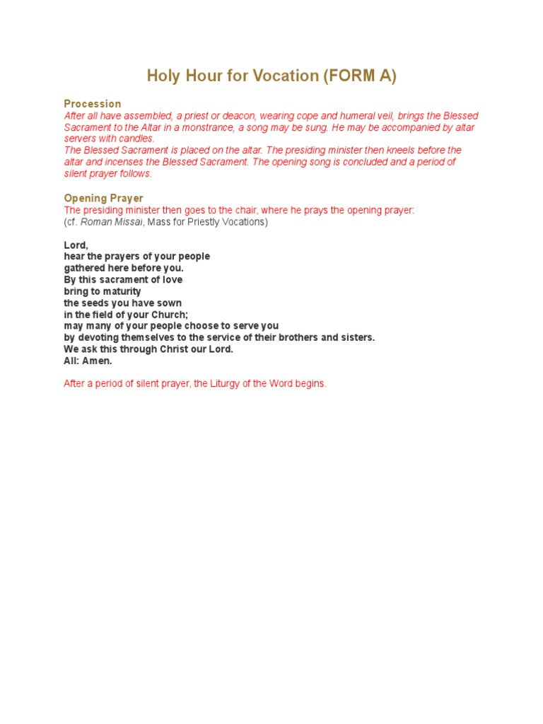 Holy Hour For Vocation (FORM A) : Procession | PDF | Eucharist | Mass ...