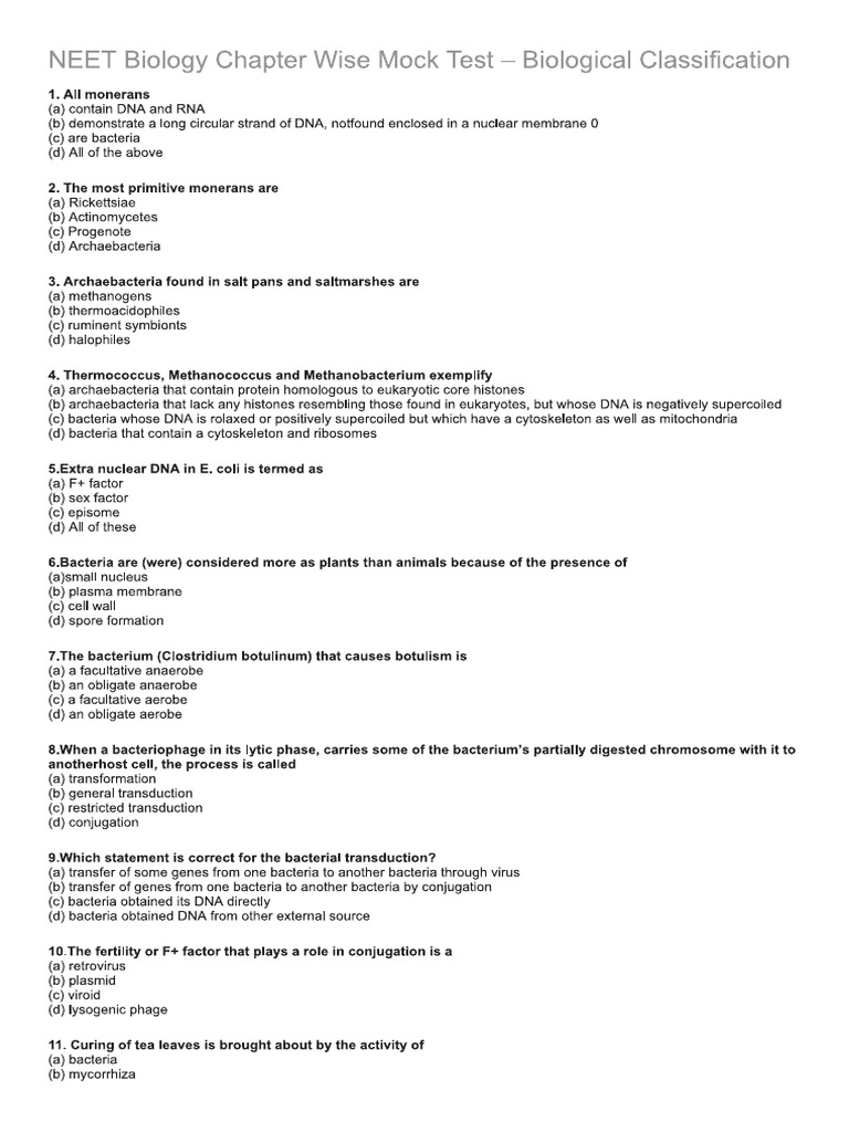 Neet Biology Chapter Wise Mock Test Biological Classification Cbse