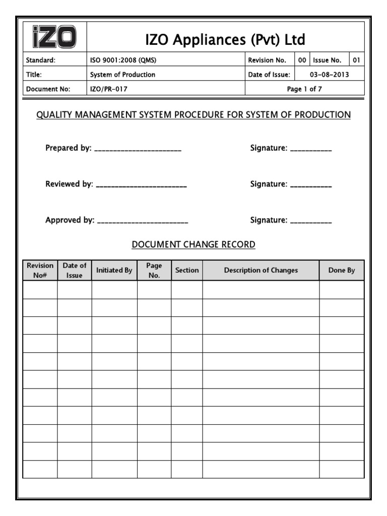 IZO Appliances (PVT) LTD: Quality Management System Procedure For ...