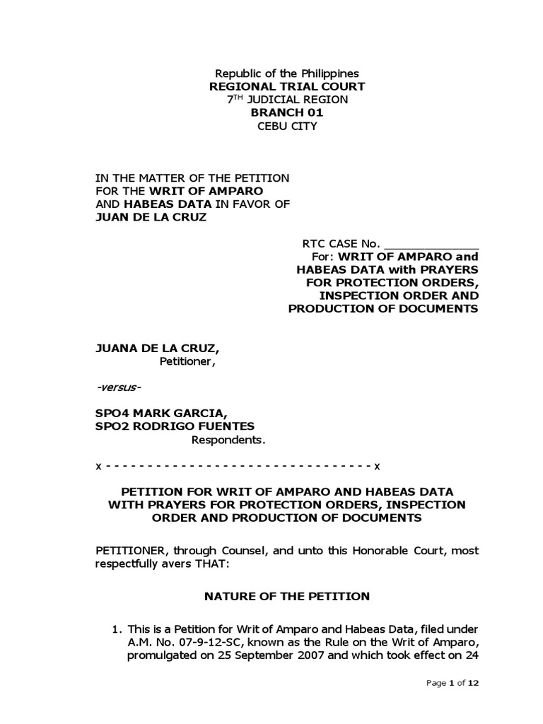 Writ of Amparo Edited | PDF | Privacy | Habeas Corpus