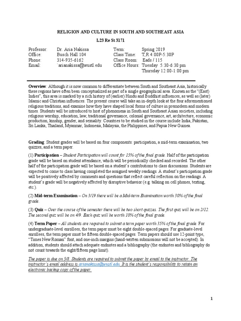Religion and Culture in Asia Course | PDF | Title Ix | Academic Term