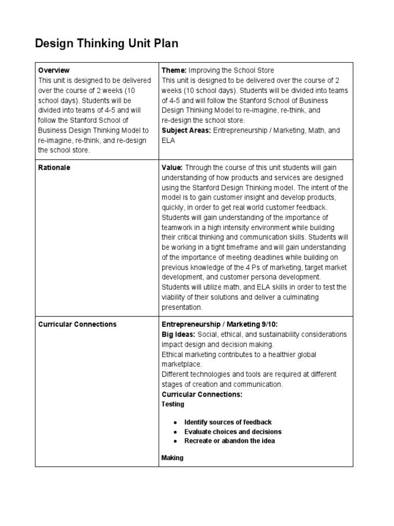 Design Thinking Unit Plan | PDF | Design Thinking | Marketing