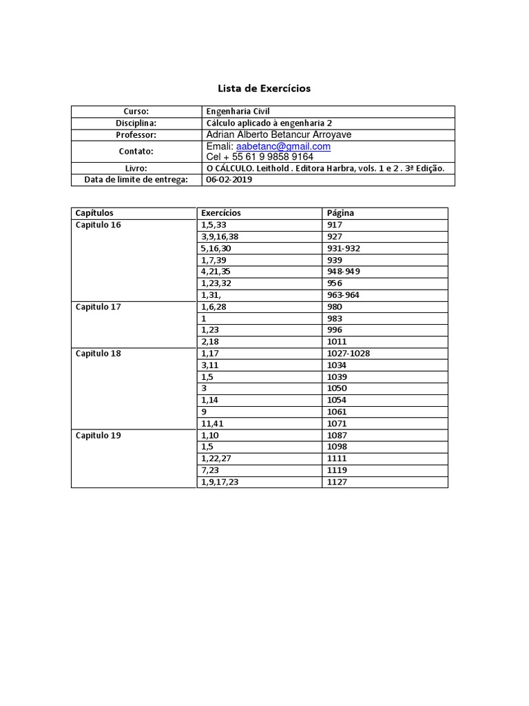 Lista de Exercícios - Calculo 2 | PDF