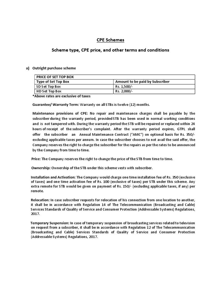 CPE Schemes Scheme Type, CPE Price, and Other Terms and Conditions ...
