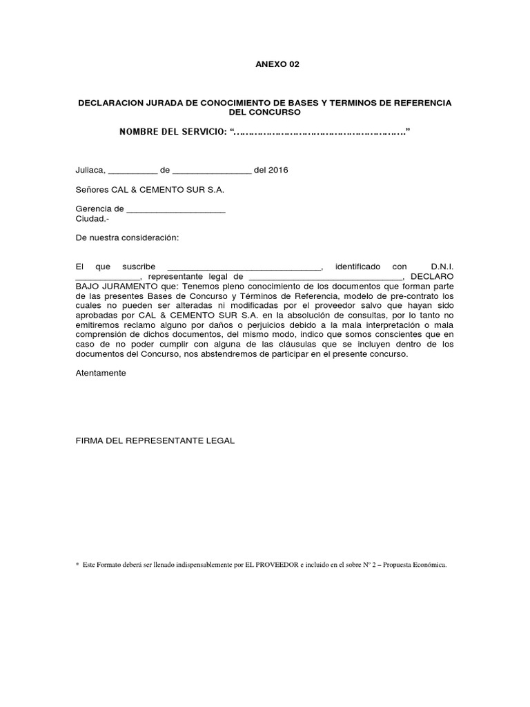 Anexo 02 Declaracion Jurada de Conocimiento de Bases y Terminos de Referencia Del Concurso | PDF