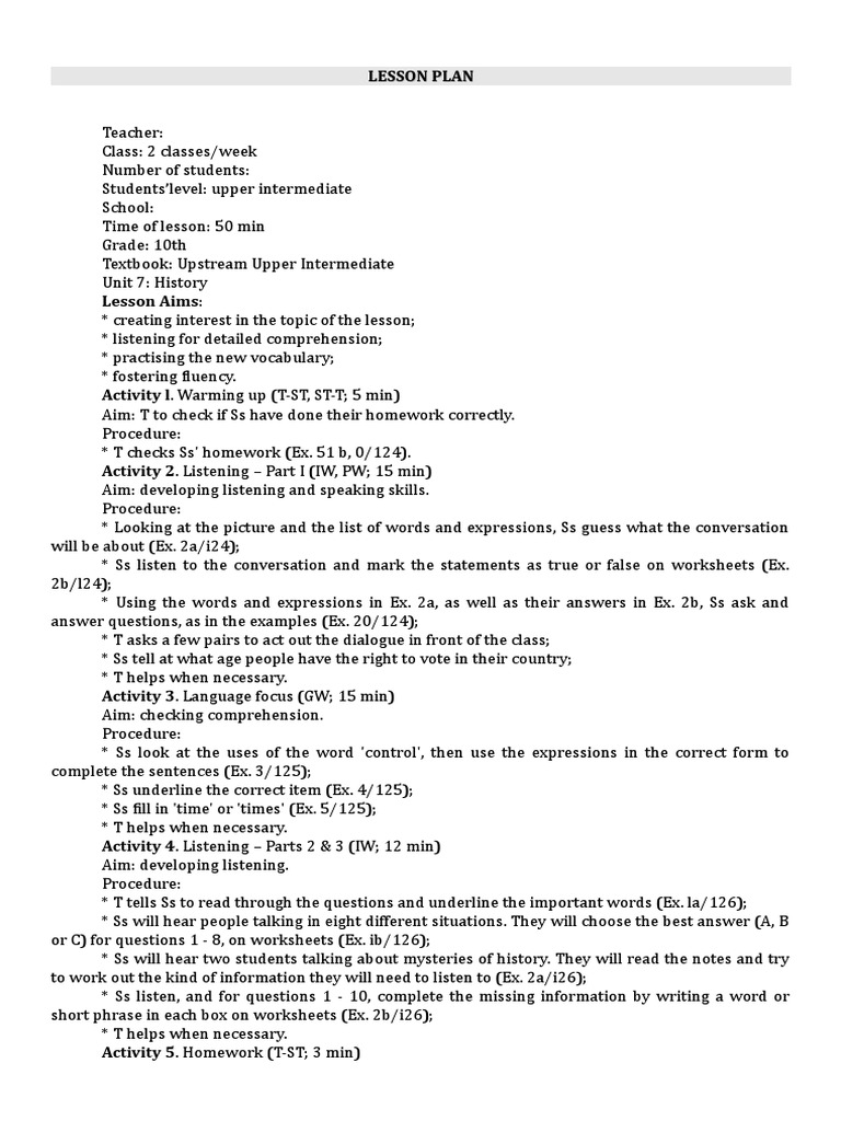 Lesson Plan. History Manual Upstream Upper Intermediate | PDF | Lesson ...