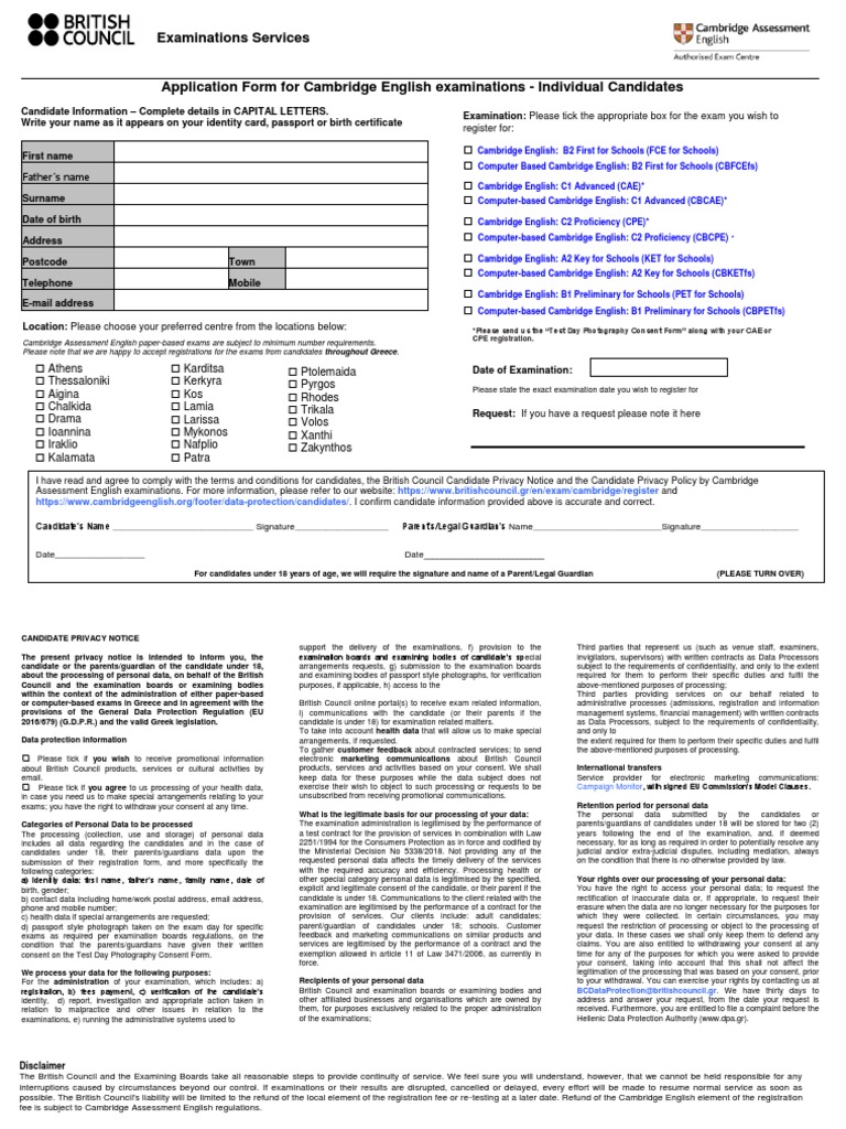 Cambridge English Individual Application Form 09 2018 | PDF | Test ...