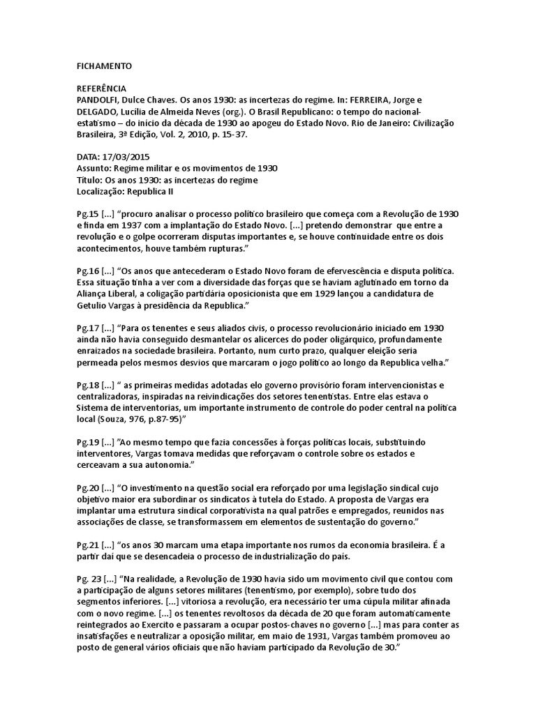 Fichamento Do Texto Os Anos 1930 de Dulce Pandolfi. | PDF | Sindicato | República