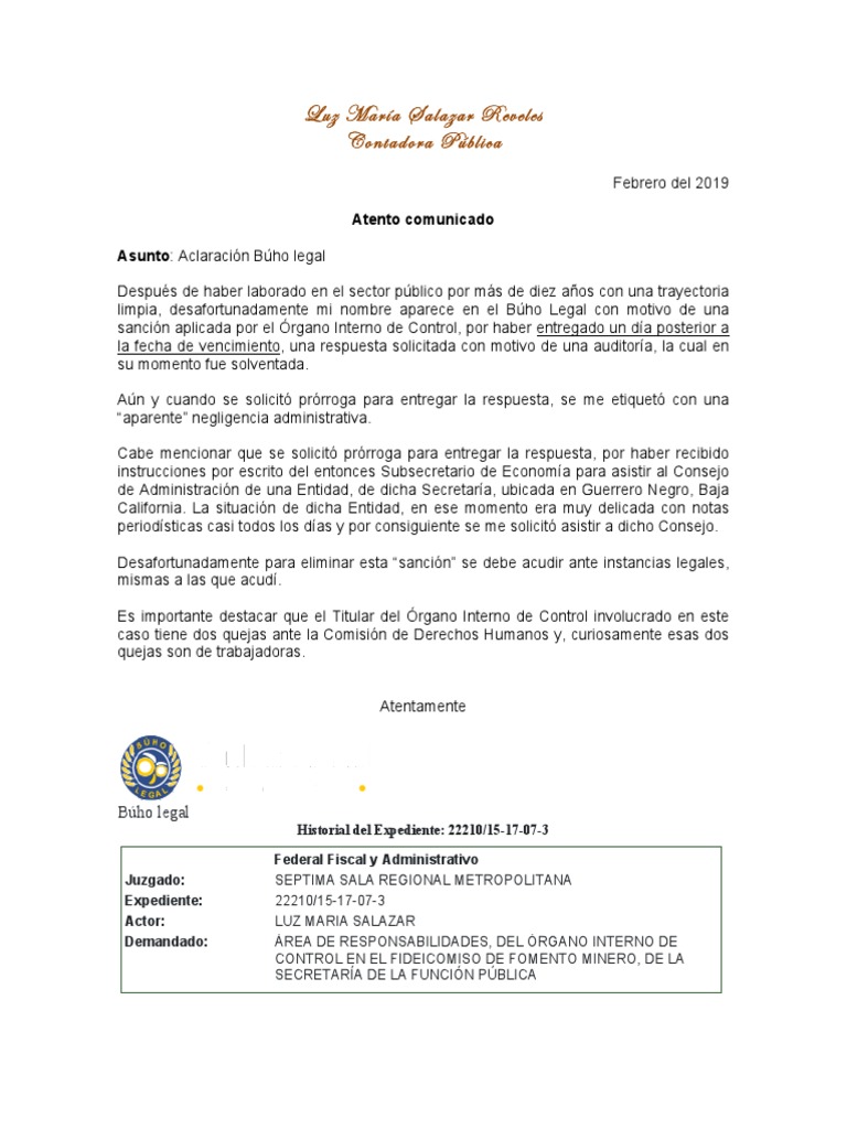 Atento Comunicado LUZ MARÍA SALAZAR REVELES PDF | PDF