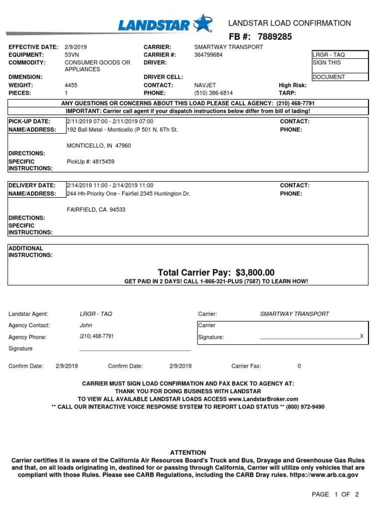 Landstar Load Confirmation from Monticello to Fairfield | PDF | Invoice ...