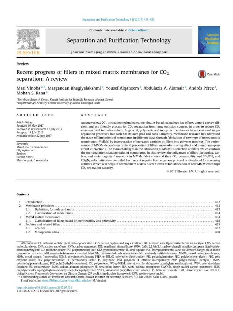Recent Progress of Fillers in Mixed Matrix Membranes For CO2 Separtion A Review PDF | PDF ...