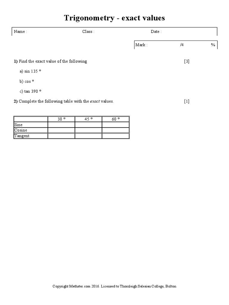 Trigonometry - Exact Values - 1 | PDF