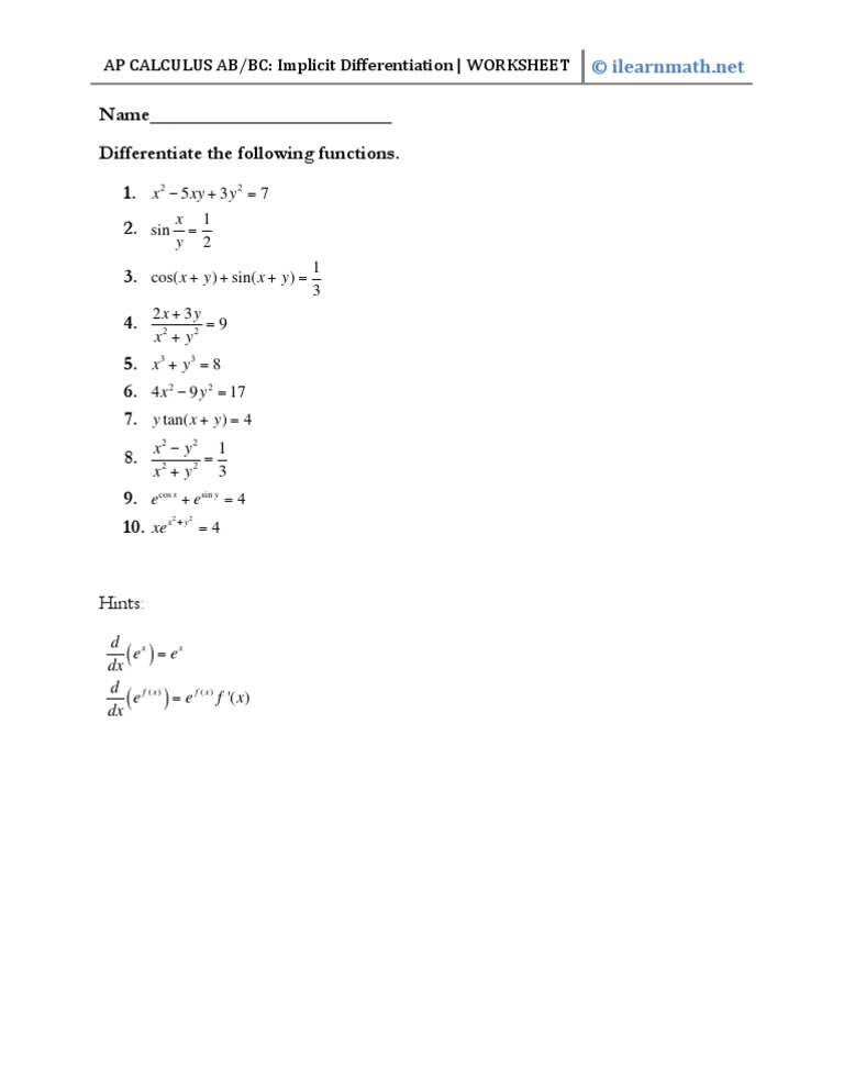Implicit Differentiation Worksheet - 2010 - 2011 - Ap Calculus Ab/bc | PDF