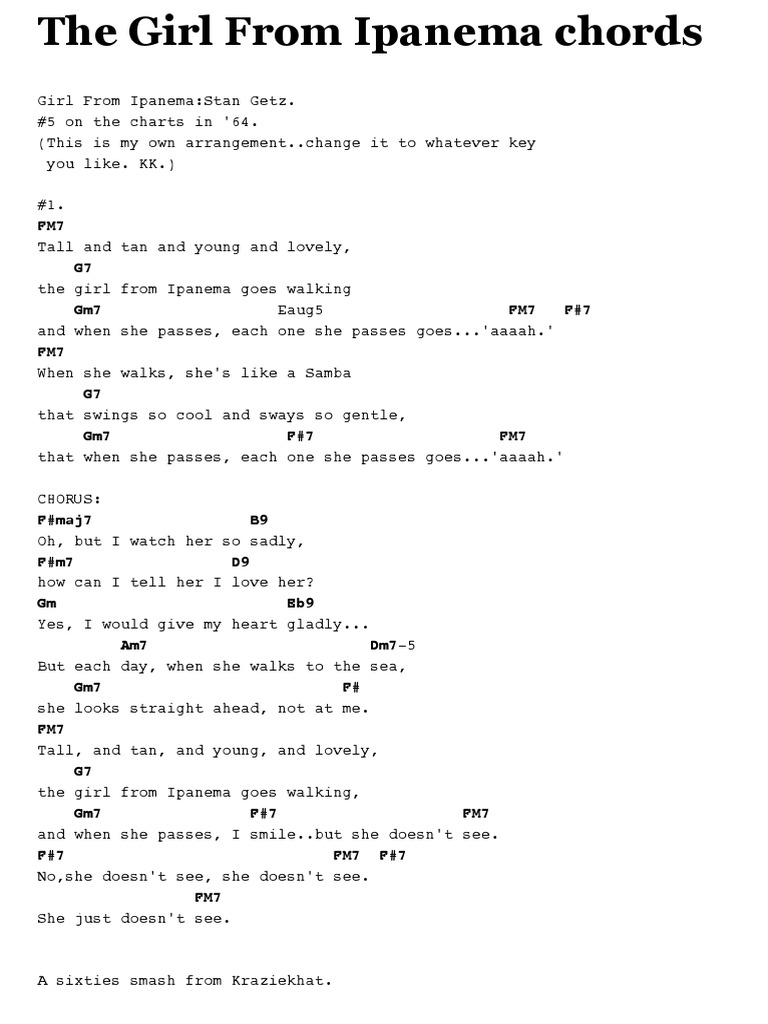 THE GIRL FROM IPANEMA CHORDS by Stan Getz, João Gilberto, Astrud ...