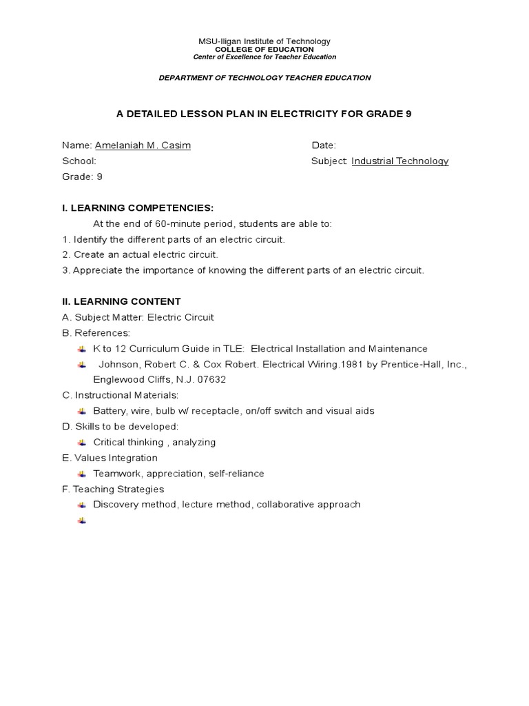 A Detailed Lesson Plan in Electricity For Grade 9: Department of ...