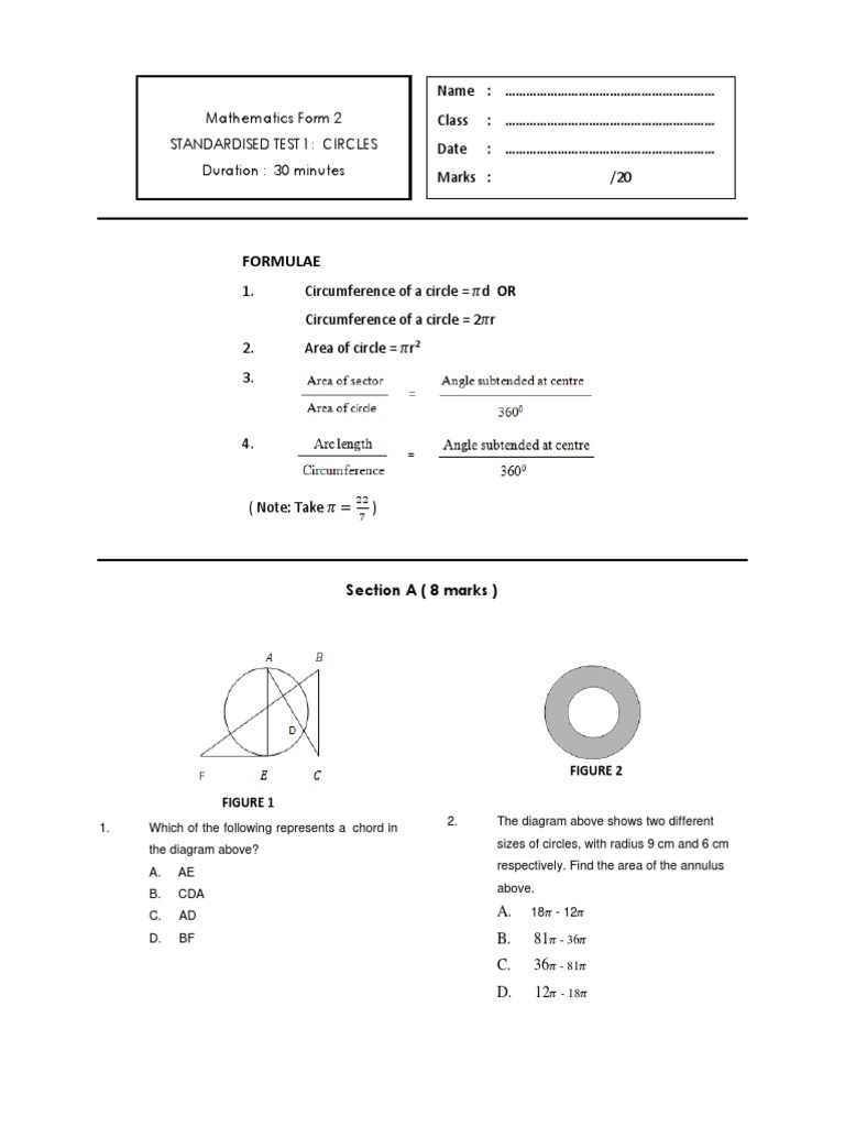 Formulae: Mathematics Form 2 Standardised Test 1: Circles Duration: 30 ...