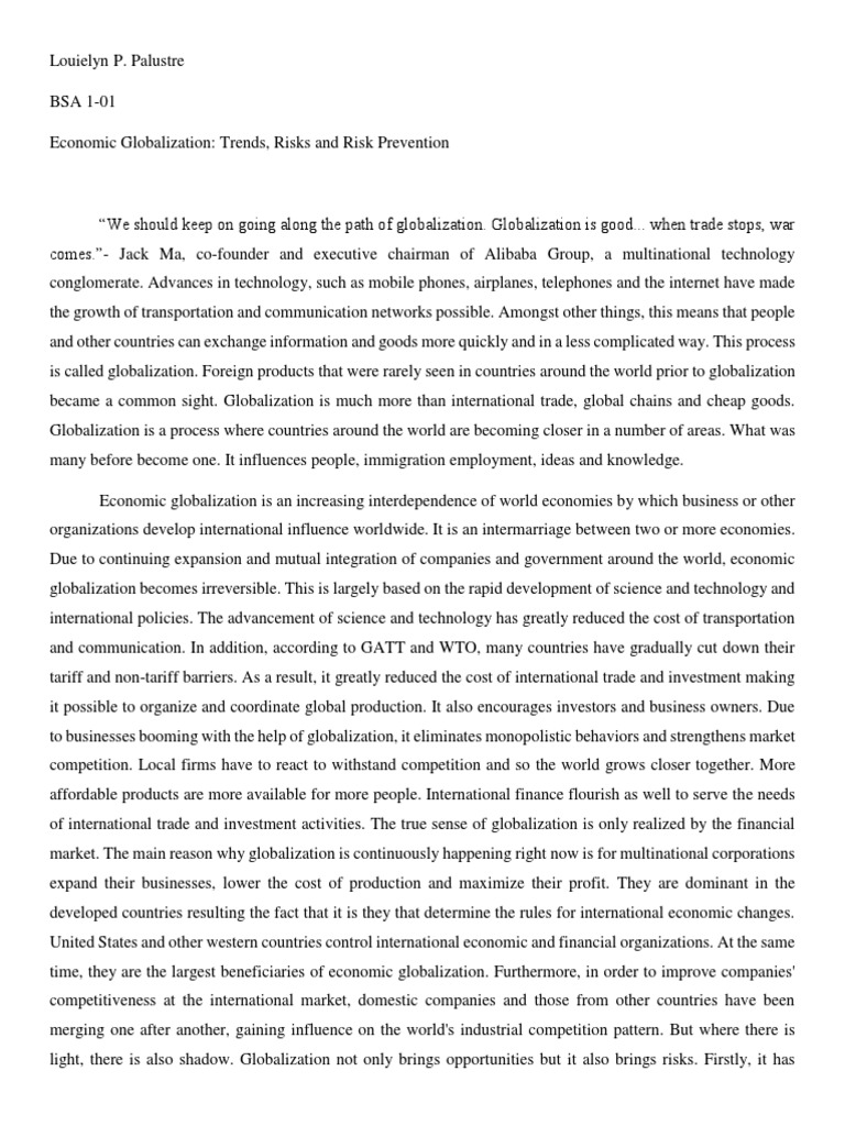 Globalization Reflection | PDF | Economic Globalization | Multinational Corporation