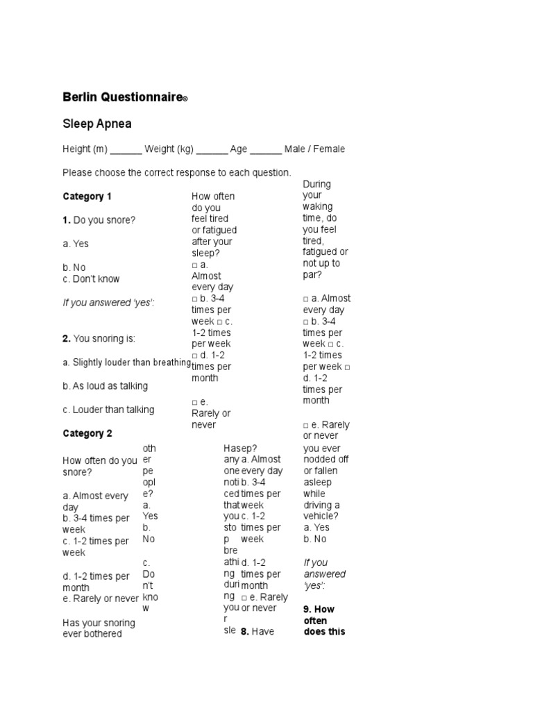 Berlin Questionnaire | PDF | Body Mass Index | Human Diseases And Disorders