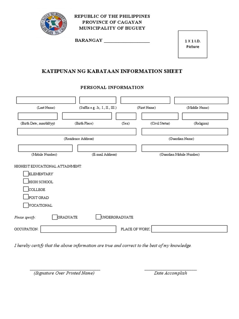 Katipunan NG Kabataan Information Sheet | PDF
