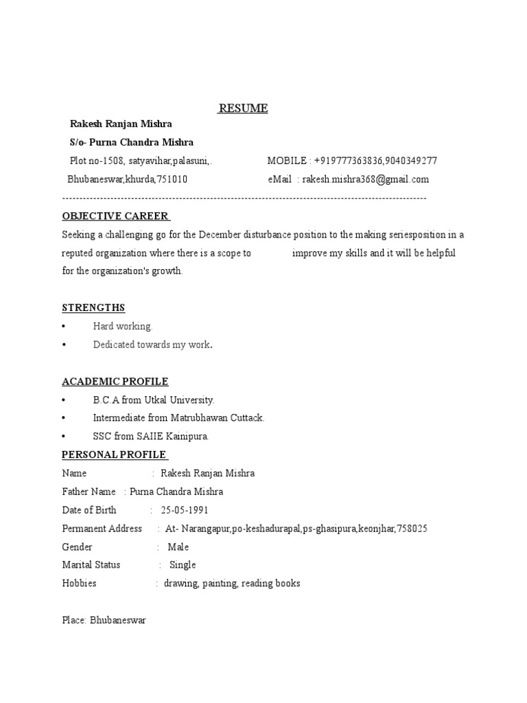 Resume: Rakesh Ranjan Mishra S/o-Purna Chandra Mishra | PDF