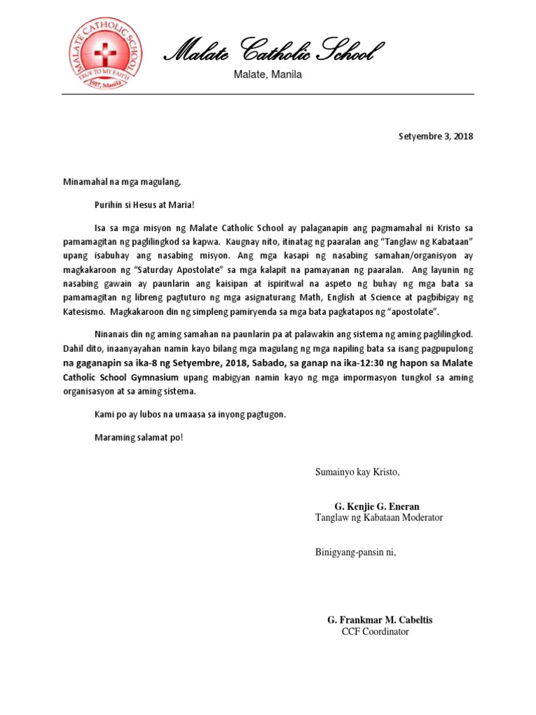 Letter For Recipient's Parents Orientation | PDF