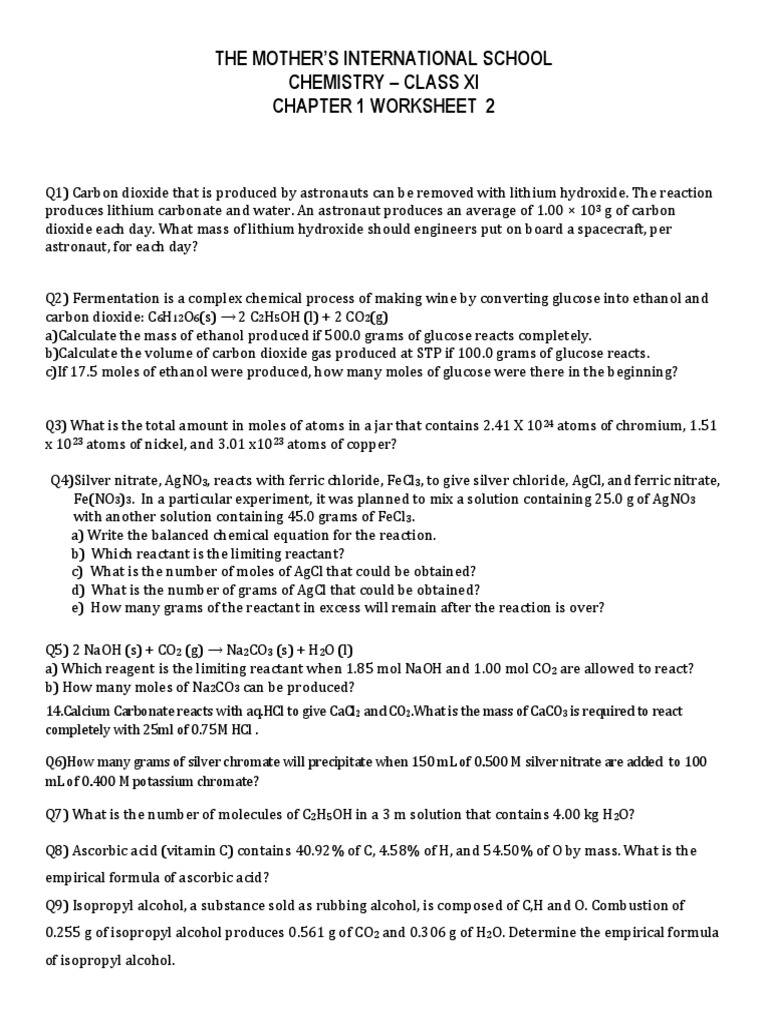 11 BCD Chemistry Worksheet 10may2016 | PDF | Mole (Unit) | Molar ...