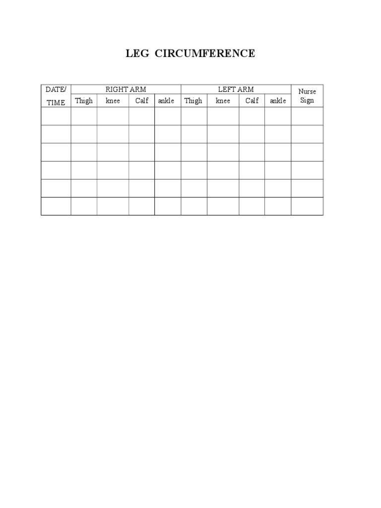 Leg Circumference: Date/ Time Right Arm Left Arm Nurse Sign Thigh Knee ...