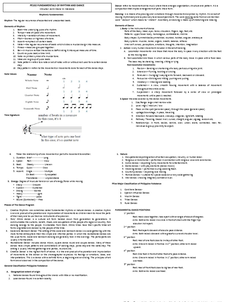 Pe102 Handout Fundamentals of Rhythm and Dance | PDF | Rhythm | Dances
