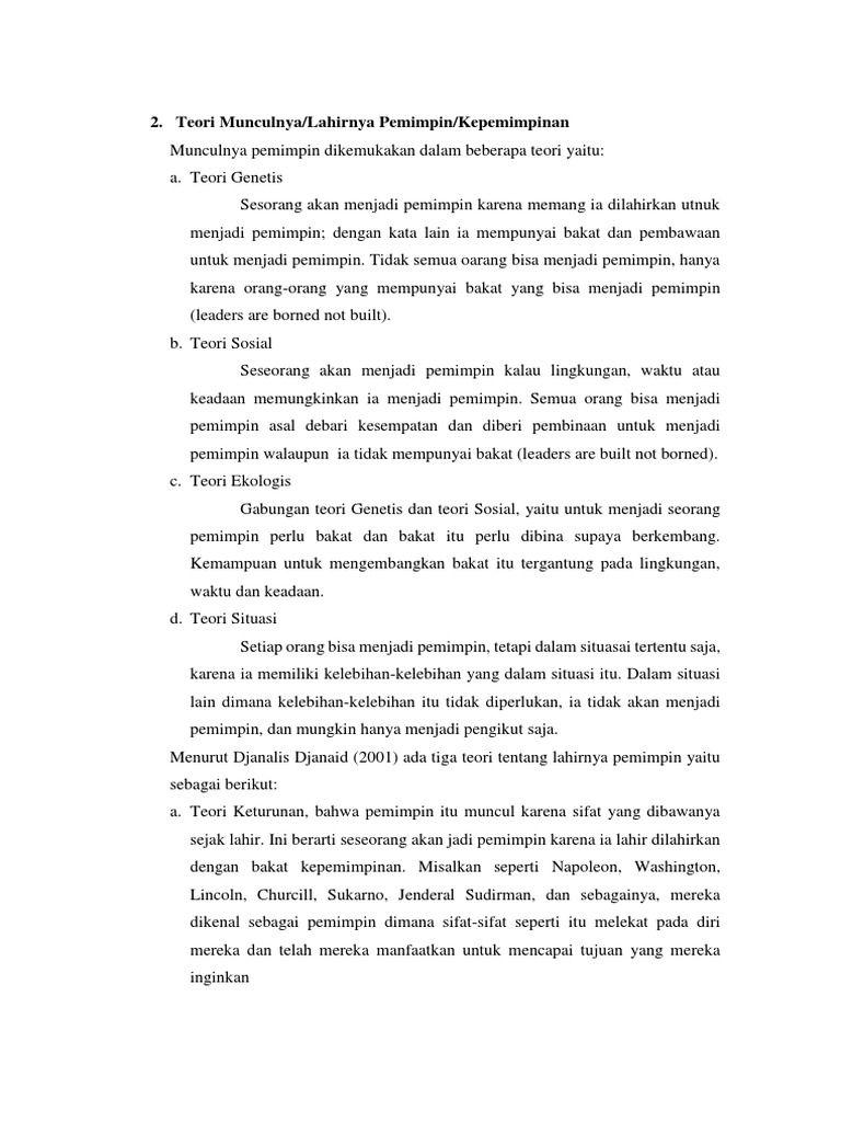 Teori Munculnya Lahirnya Pemimpin Kepemimpinan | PDF