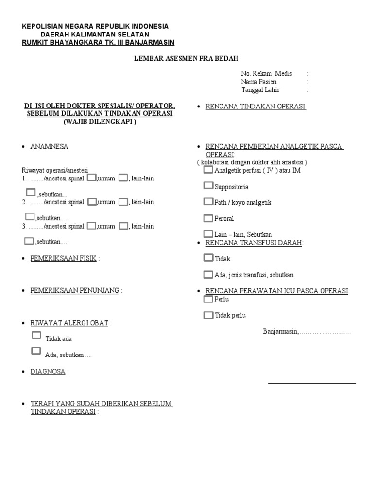 Bukti Rekam Medis (Form Asesmen Pra-Bedah) # | PDF