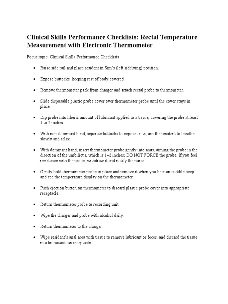 Clinical Skills Performance Checklists Rectal Temperature Measurement | PDF