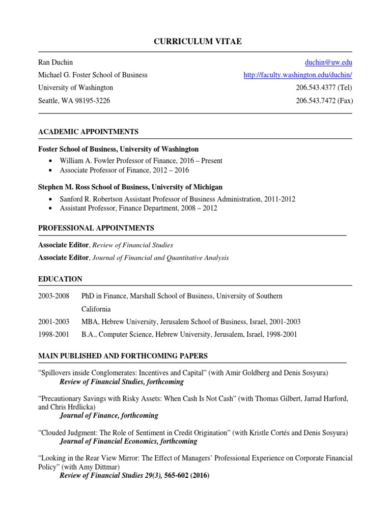 Ran Duchin CV | PDF | Bailout | Financial Crisis Of 2007–2008