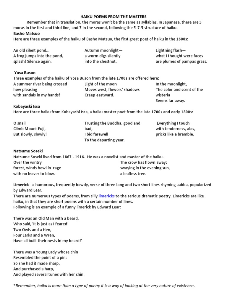 Haiku Poems From The Masters: Limericks | PDF | Haiku | Limerick (Poetry)
