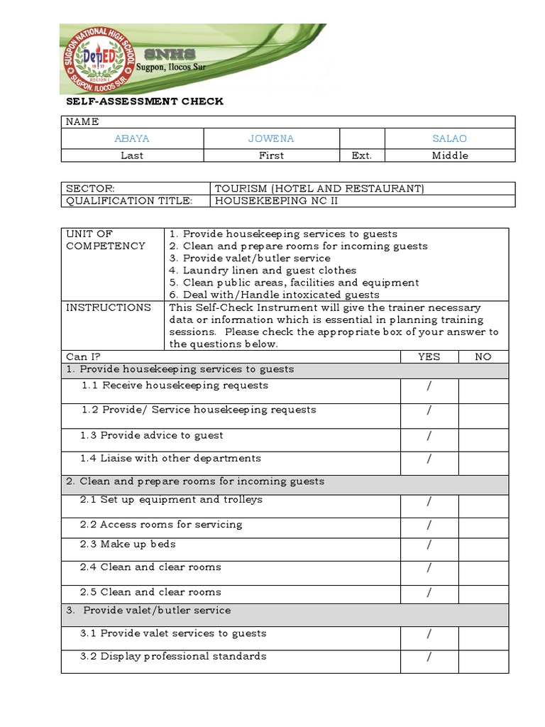 02 Self Assessment Guide | PDF | Laundry | Housekeeping