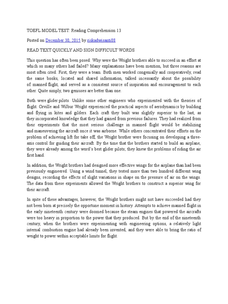 TOEFL Model Test | PDF | Wright Brothers | Airplane