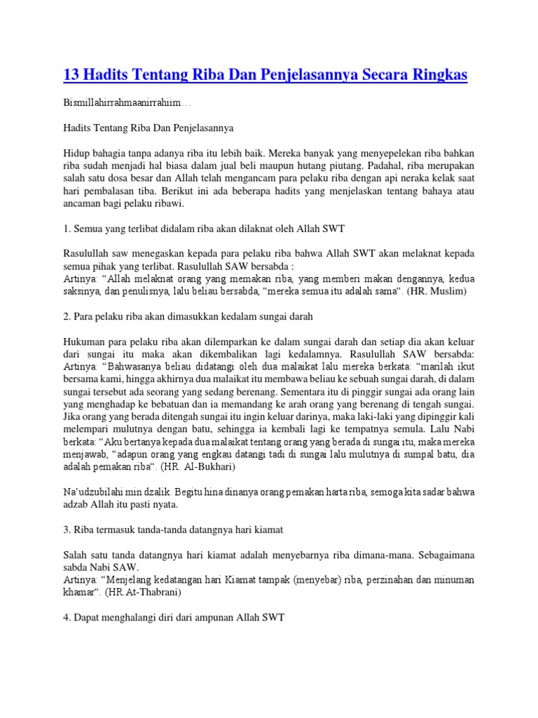 13 Hadits Tentang Riba Dan Penjelasannya 1 | PDF