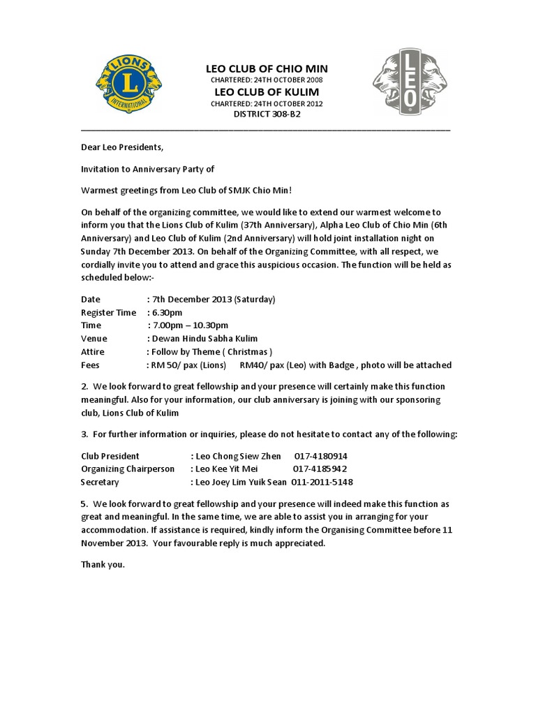Leo Club Anniversary Invitation | PDF