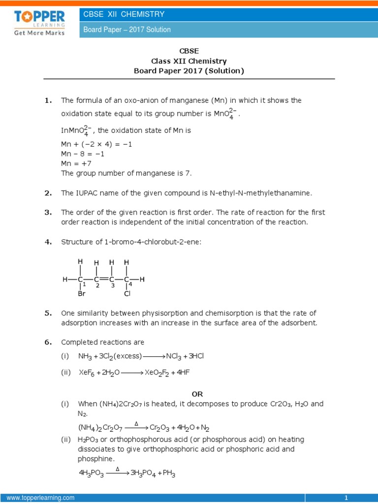 Solved Paper Class 12 Chemistry | PDF | Ion | Amine