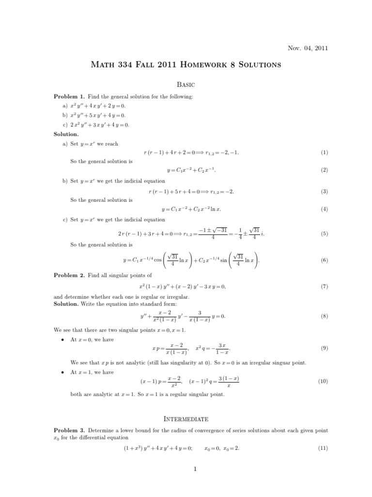 Math 334 Fall 2011 Homework 8 Solutions: Problem 1 | PDF | Power Series | Equations