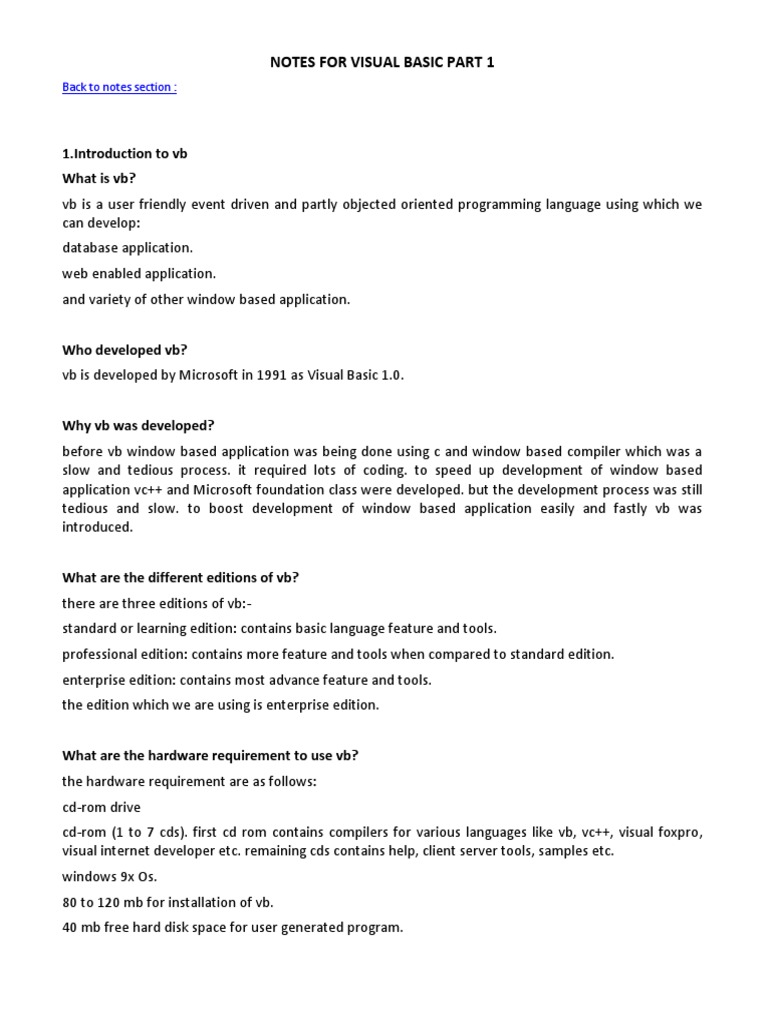 1.introduction To VB What Is VB?: Notes For Visual Basic Part 1 ...