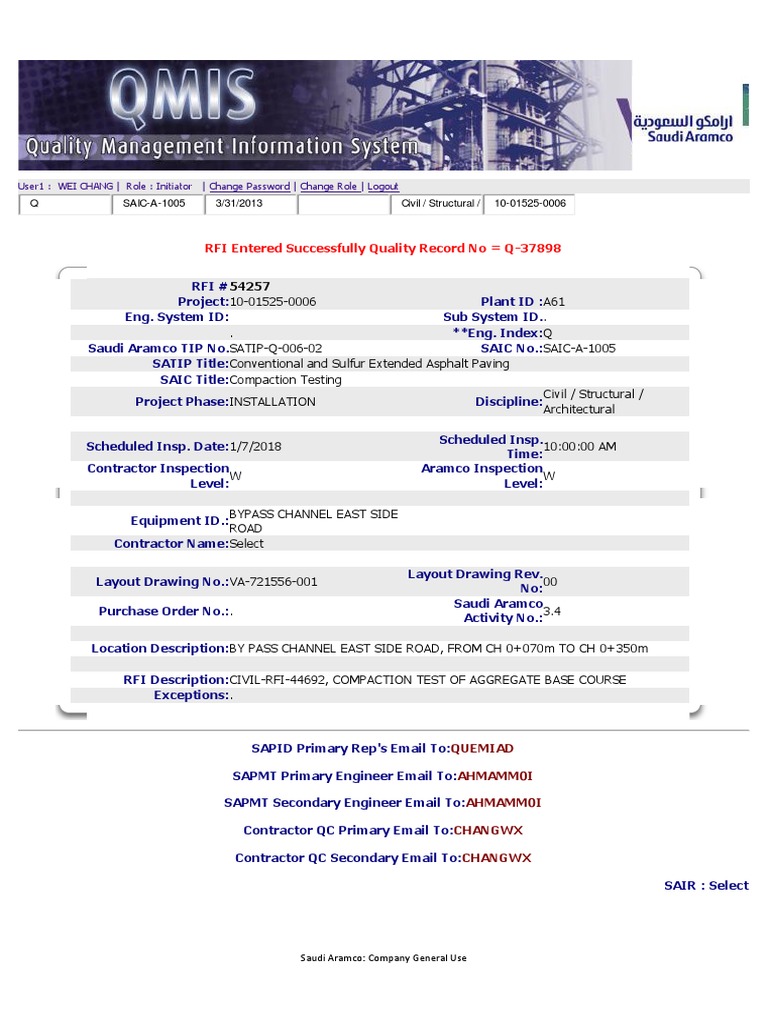 RFI Entered Successfully Quality Record No Q-37898: Q SAIC-A-1005 3/31/2013 Civil / Structural ...