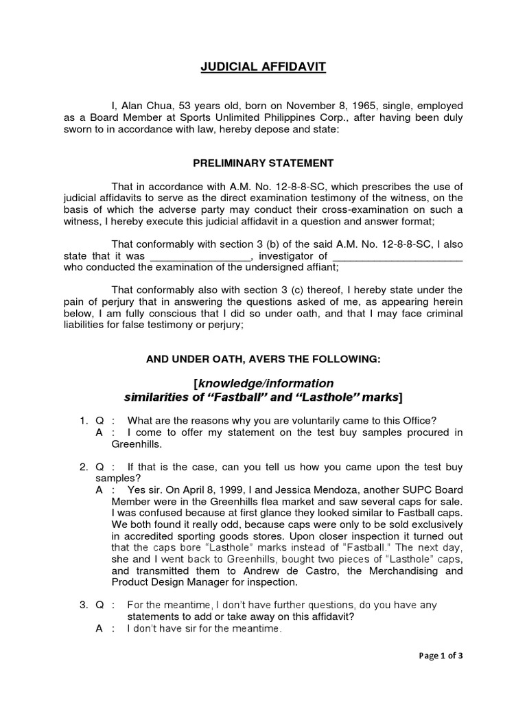 Judicial Affidavit: Preliminary Statement | PDF | Affidavit | Perjury