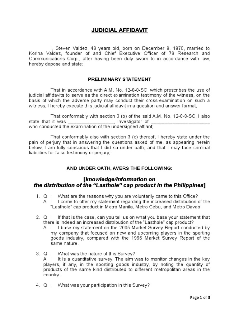 Judicial Affidavit: Preliminary Statement | PDF | Affidavit | Perjury