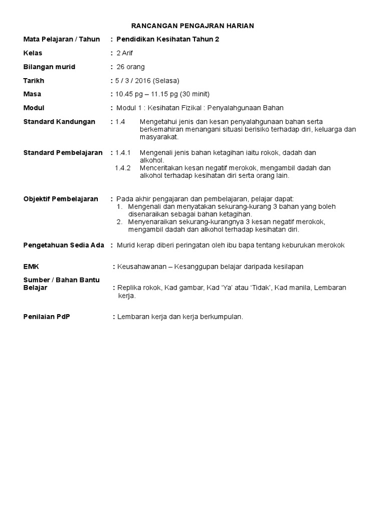 Contoh RPH Pend Kesihatan | PDF